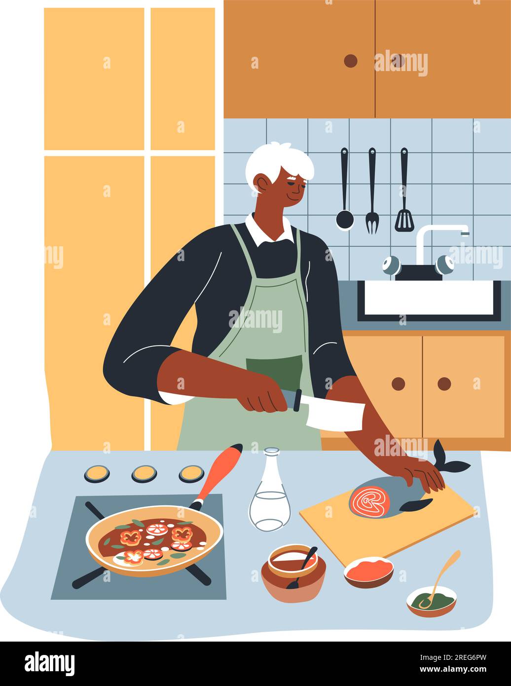 Preparing dinner or lunch for family at home, personage in kitchen ...