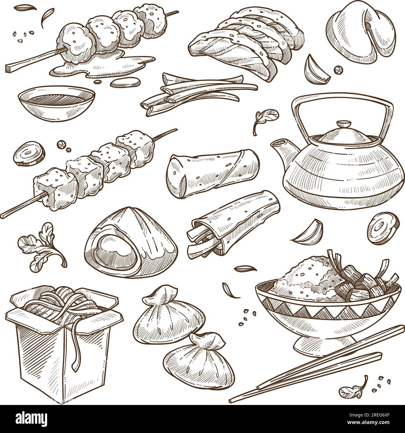 Asian cuisine, dishes of China monochrome sketch outline. Dumplings and ...