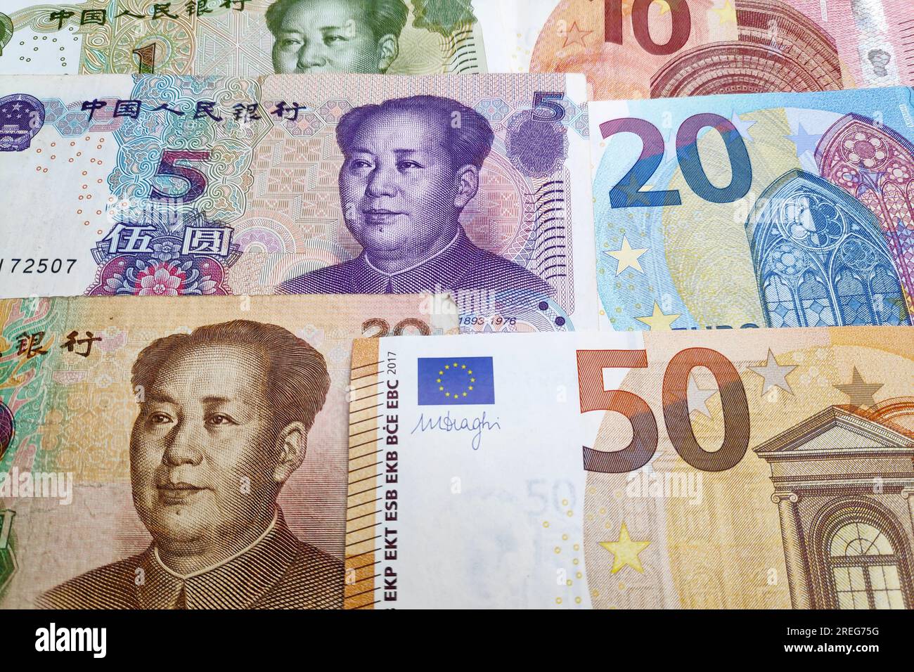 Close-up on a stack of Chinese Renminbi and Euros Stock Photo - Alamy