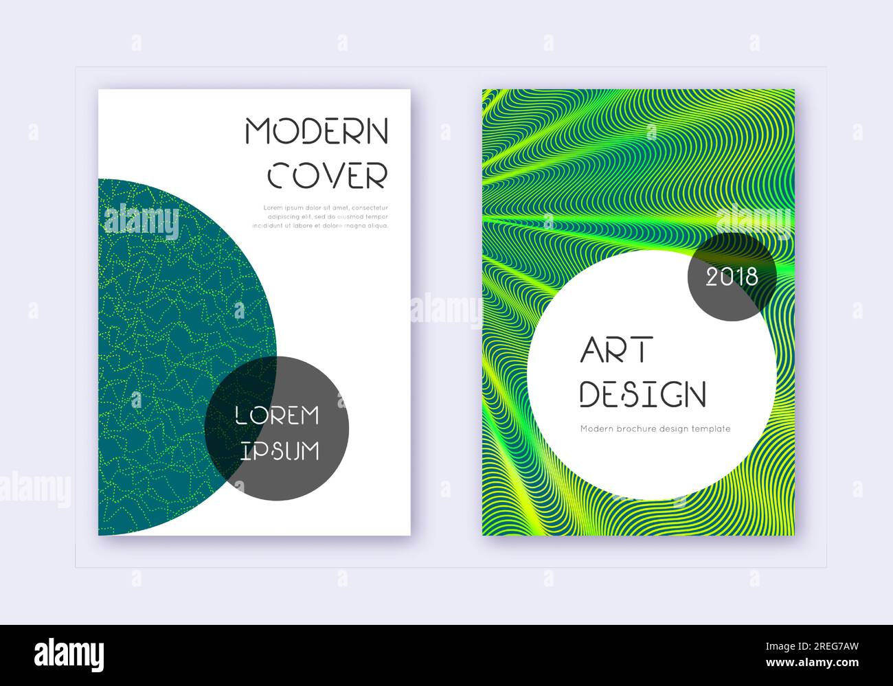 Trendy cover design template set. Green abstract lines on dark ...