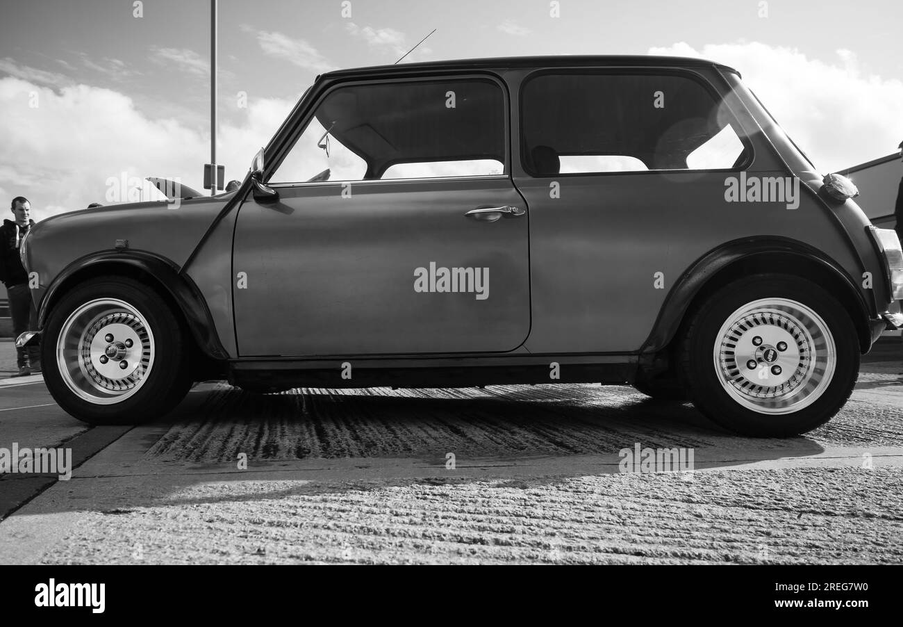 Black and white photo of a British classic mini Stock Photo - Alamy