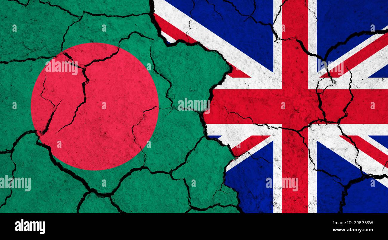 Flags of Bangladesh and United Kingdom on cracked surface - politics ...