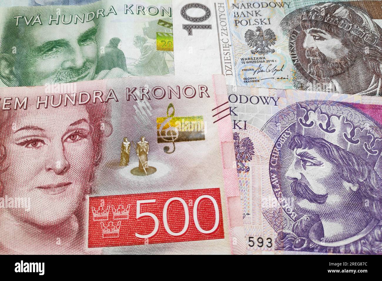 Close-up on a stack of Swedish krona and Polish Zloty Stock Photo - Alamy