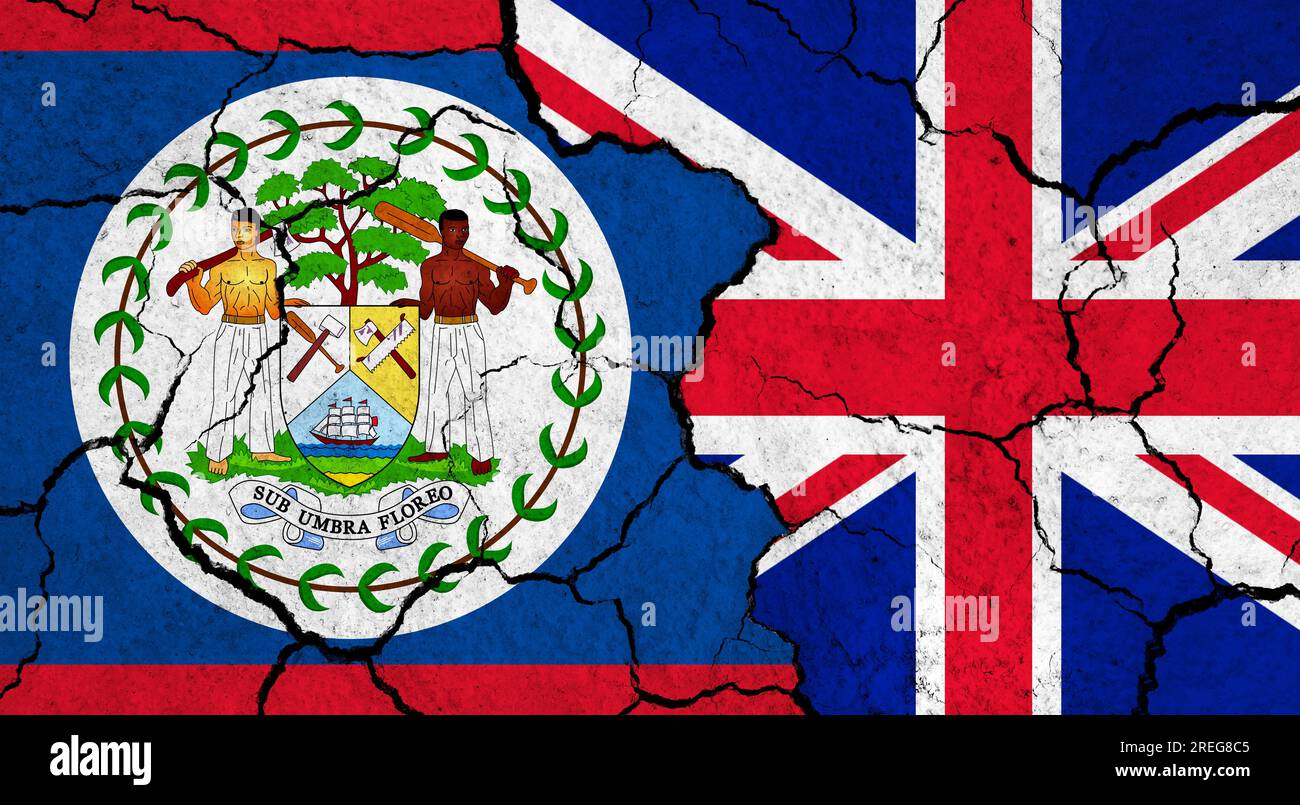 Flags of Belize and United Kingdom on cracked surface - politics ...