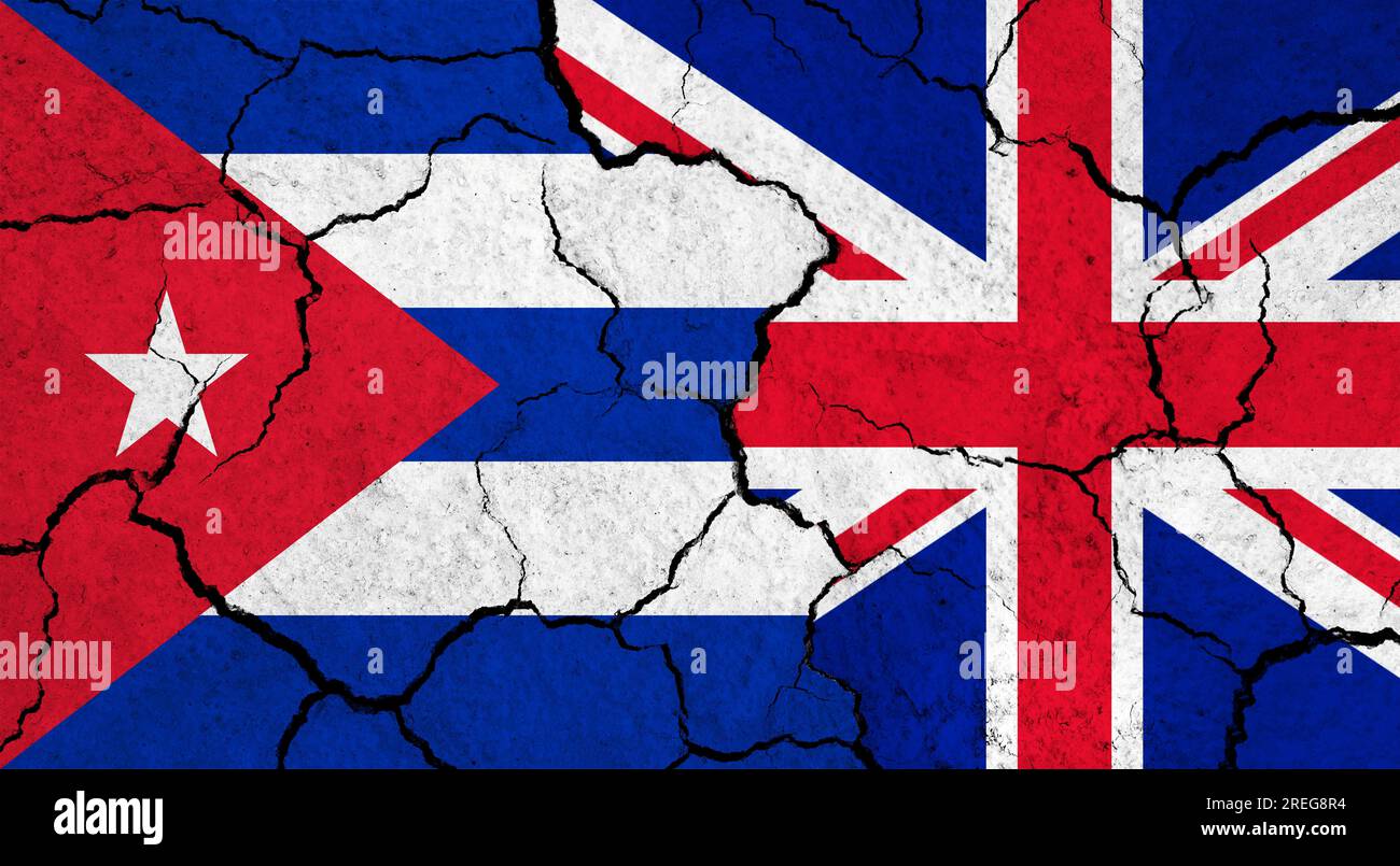 Flags of Cuba and United Kingdom on cracked surface - politics ...