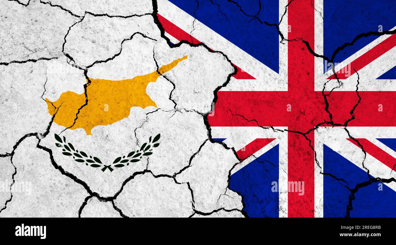 Flags of Cyprus and United Kingdom on cracked surface - politics ...