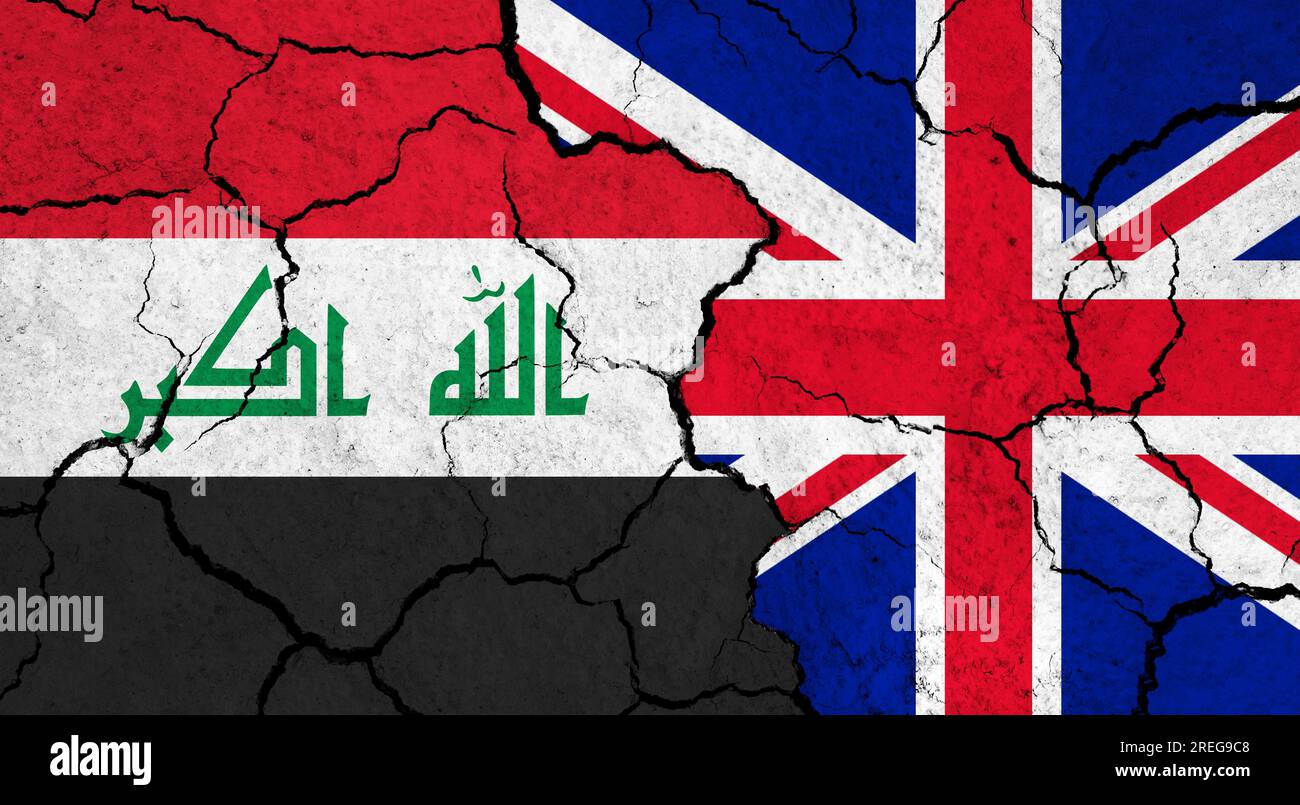 Flags of Iraq and United Kingdom on cracked surface - politics ...