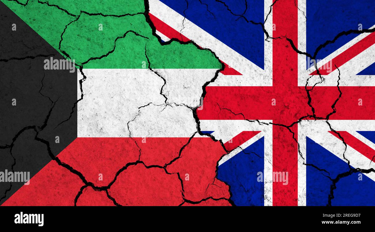 Flags of Kuwait and United Kingdom on cracked surface - politics ...