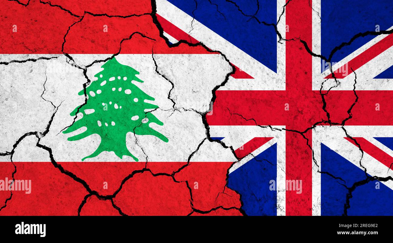Flags of Lebanon and United Kingdom on cracked surface - politics ...