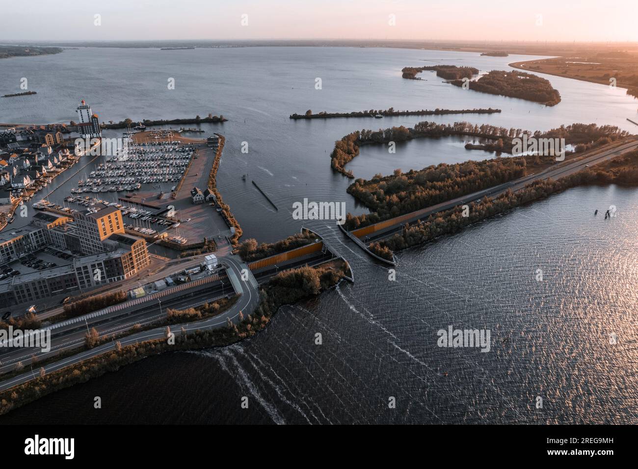 Aerial view of boat crossing aquaduct in Harderwijk, Veluwemeer The ...