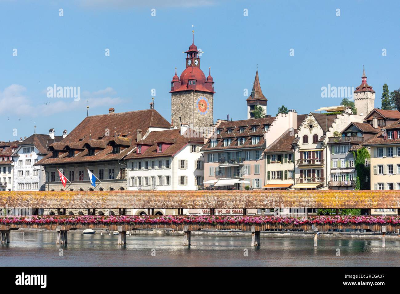Town Hall Clock Tower and The Kapellbrücke (Chapel Bridge) across River ...