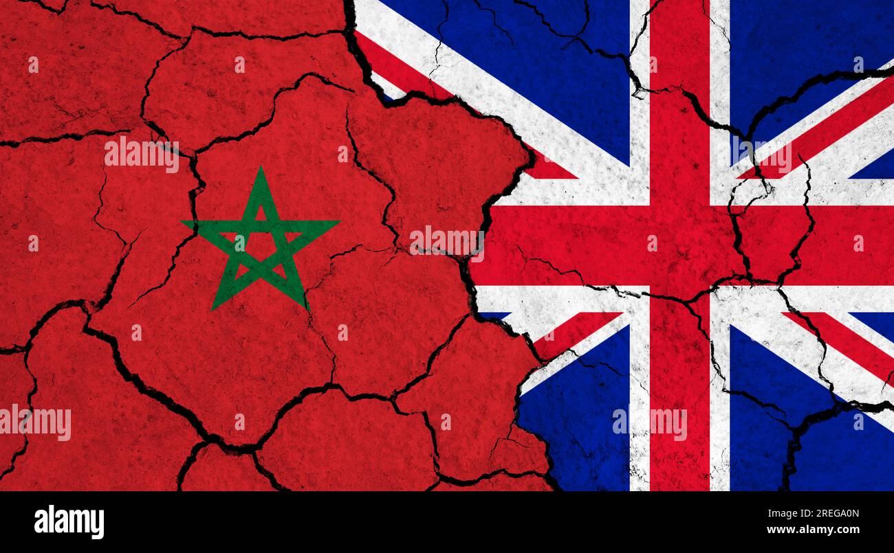 Flags of Morocco and United Kingdom on cracked surface - politics ...