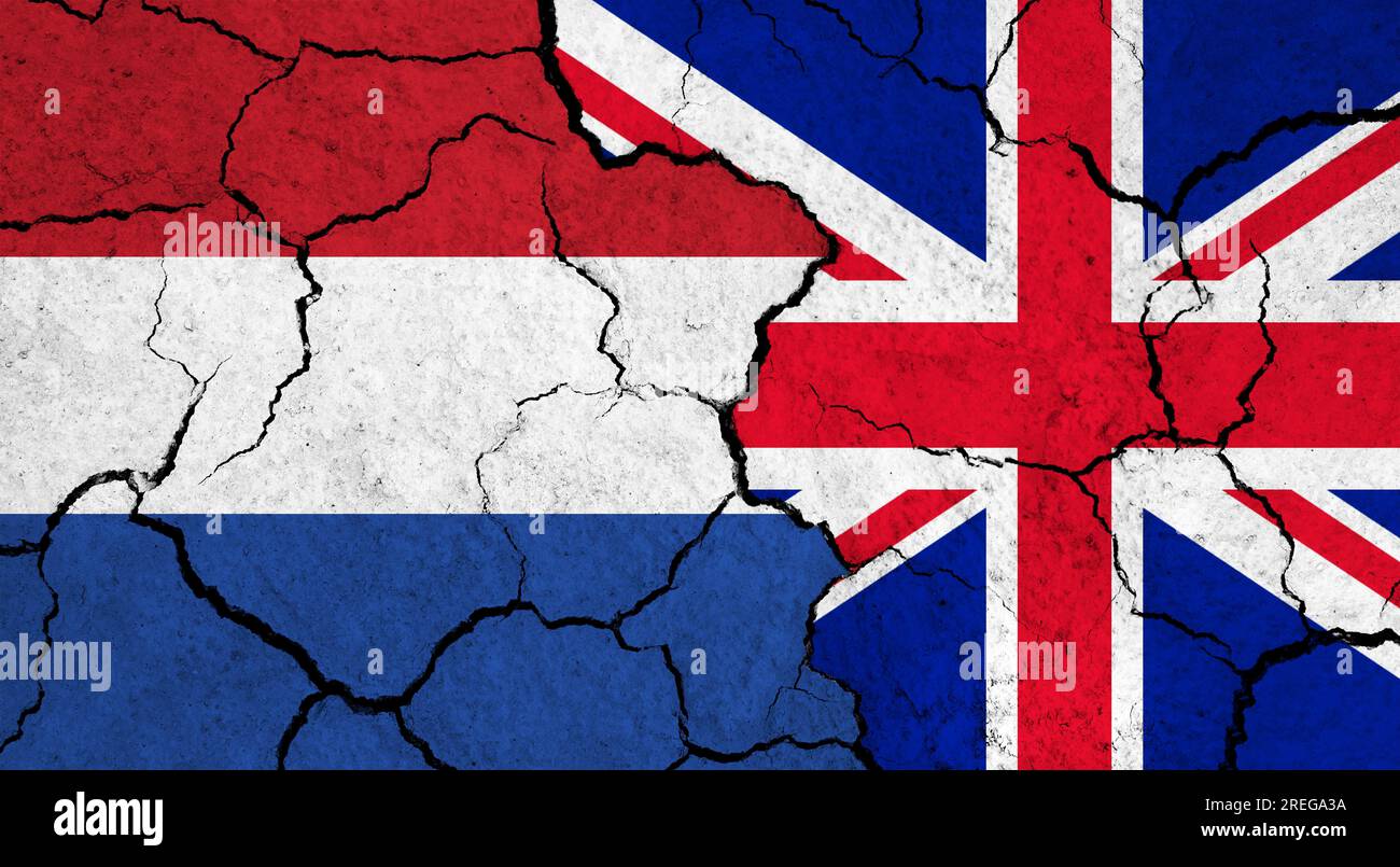 Flags of Netherlands and United Kingdom on cracked surface - politics ...