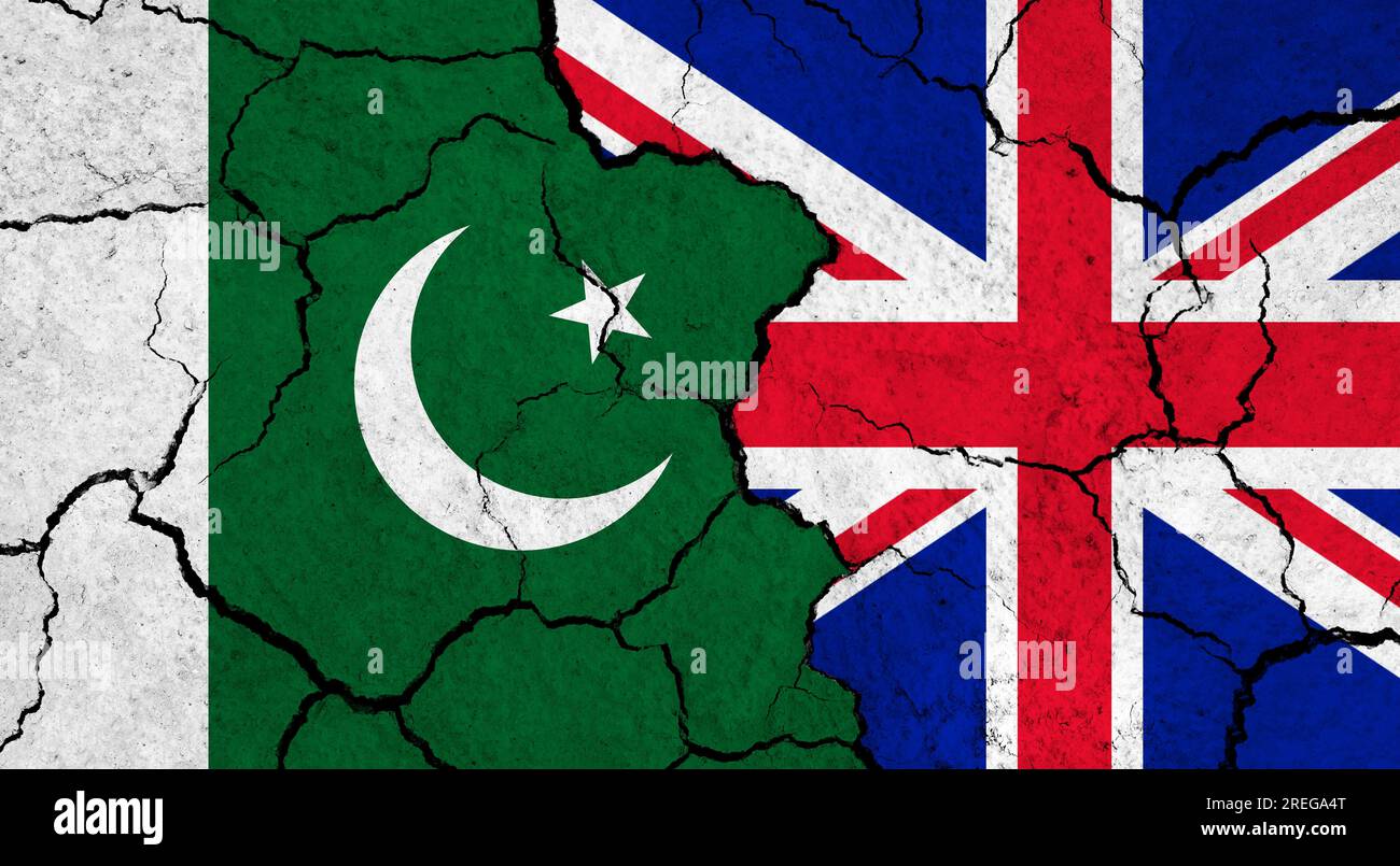 Flags of Pakistan and United Kingdom on cracked surface - politics ...