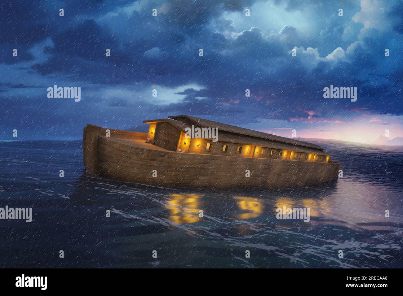 Noah's ark floats on rough water on rainy stormy weather at dusk - 3D ...