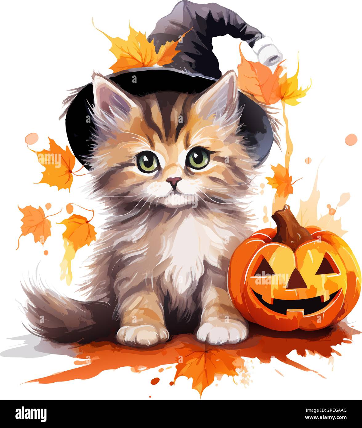 watercolor vector halloween orange cat. hallowen smiling pumpkin and ...