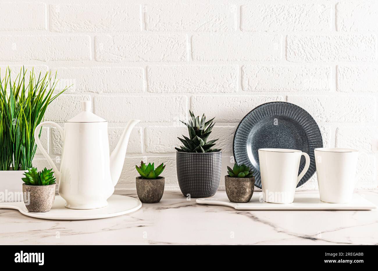 Beautiful kitchen background in light colors with a white coffee pot ...