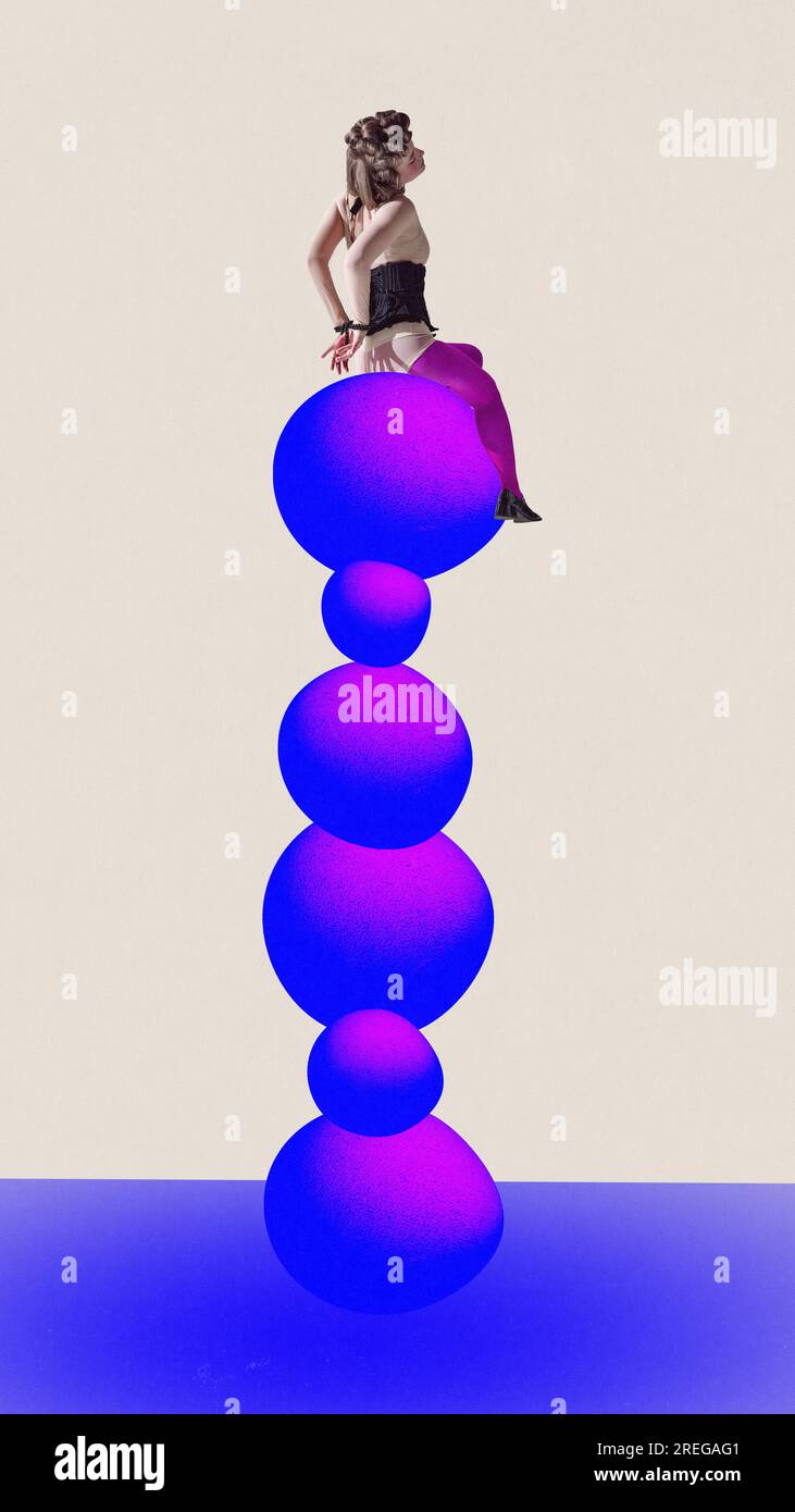 Contemporary art of backview vintage dressed young lady who sitting on ...