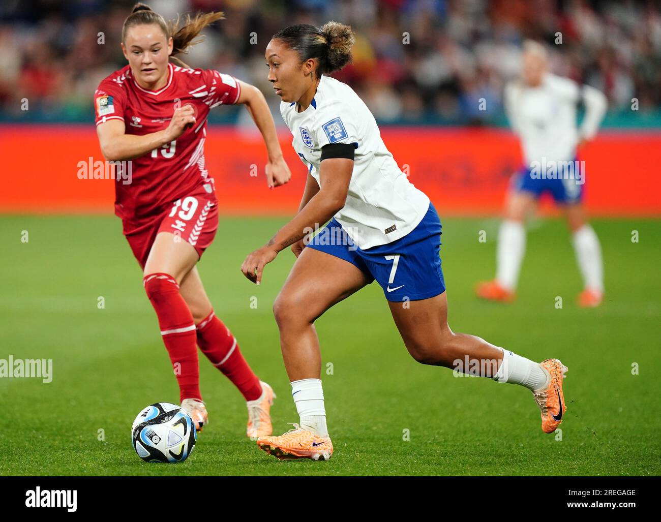 England's Lauren James and Denmark's Janni Thomsen (left) battle for ...