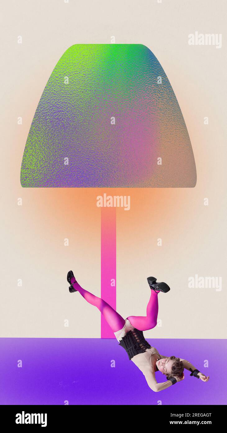 Surrealistic artwork of woman falling under lamp in rainbow color with ...
