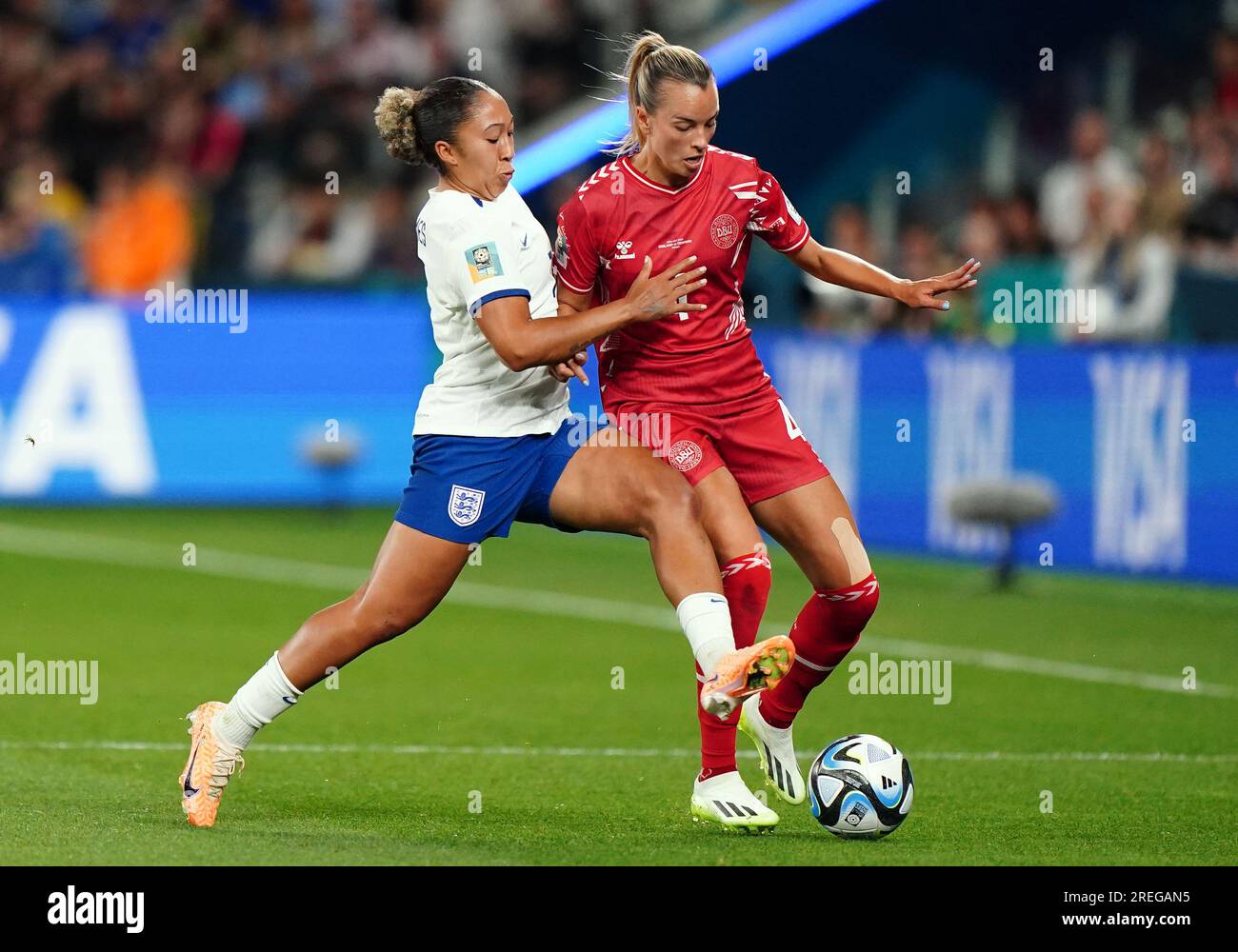 England's Lauren James and Denmark's Rikke Sevecke (right) battle for ...