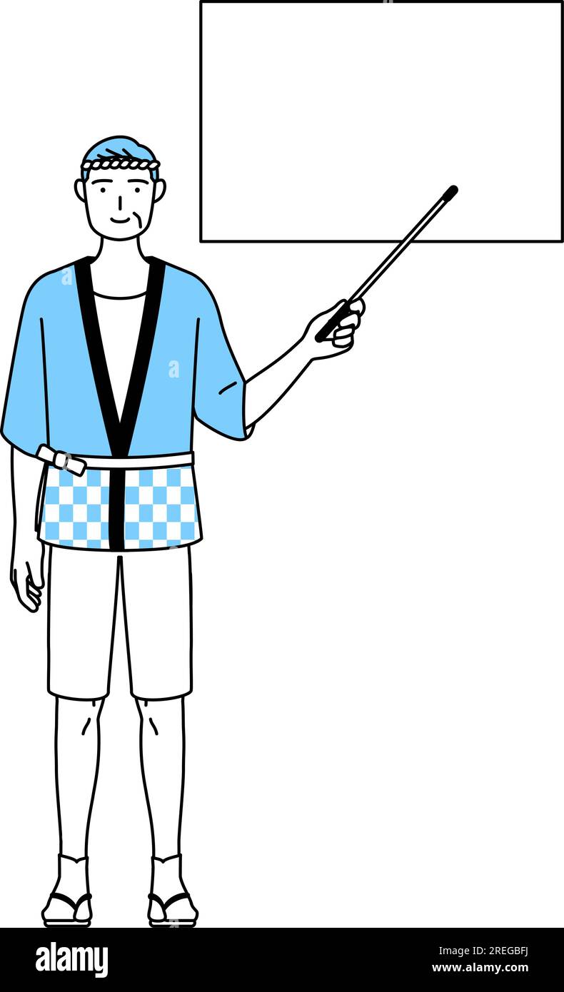 Senior man wearing Happi coat for summer festivals pointing at a ...