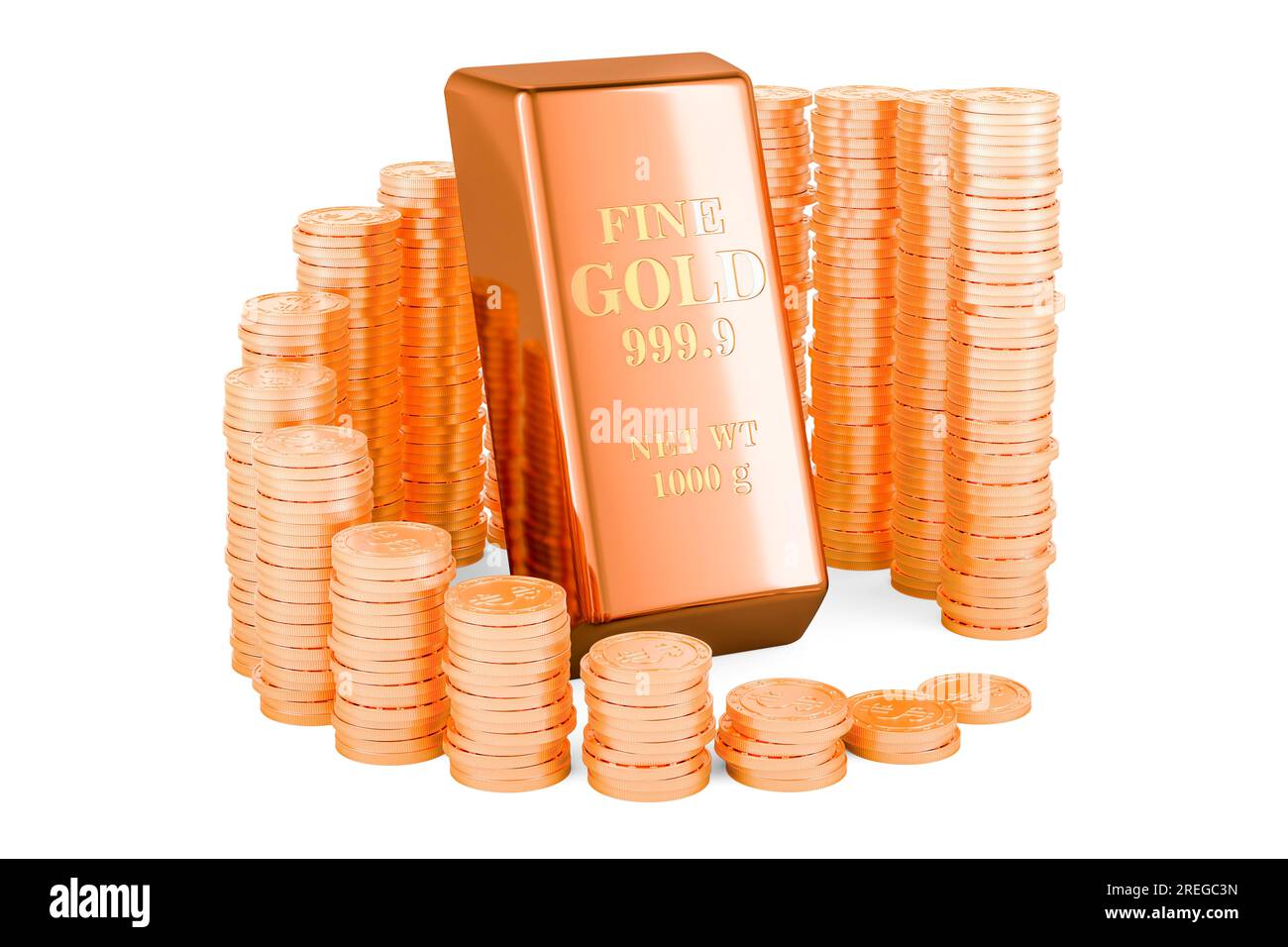 Golden bar with growing chart from gold coins around, 3D rendering ...