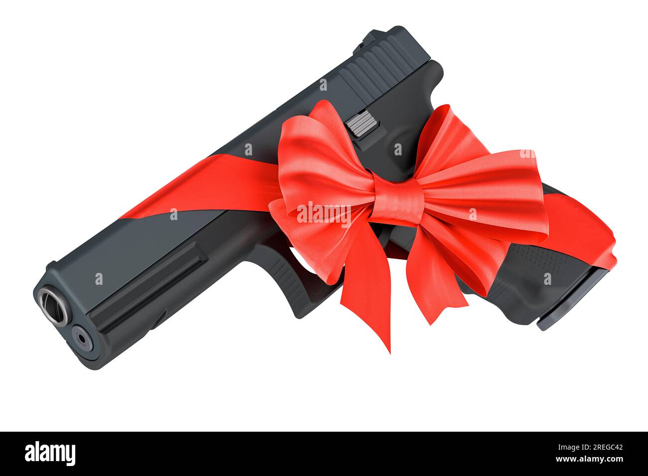 Gun with red ribbon and bow, present concept. 3D rendering isolated on ...