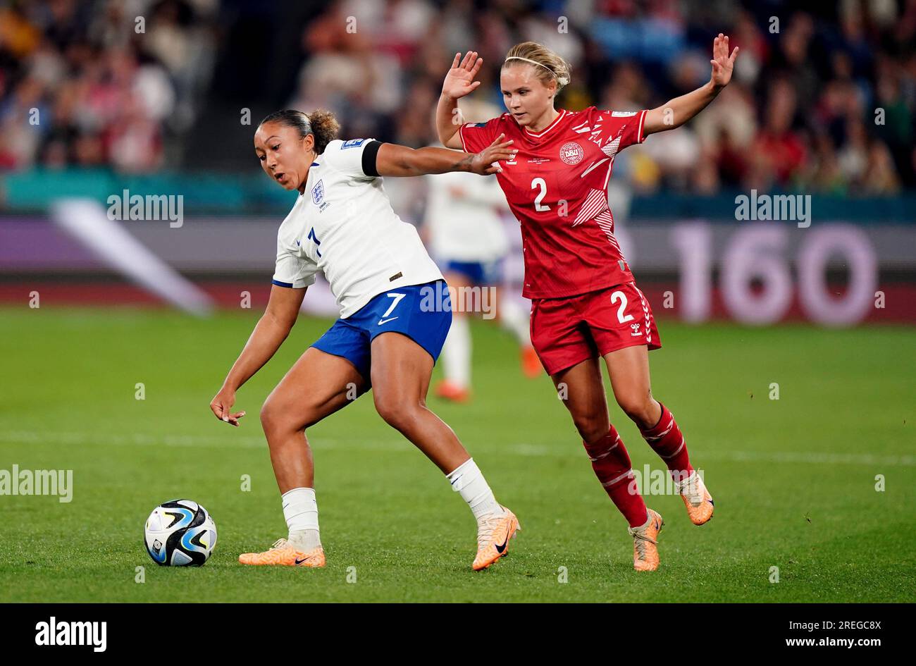 England's Lauren James (left) and Denmark's Josefine Hasbo battle for ...