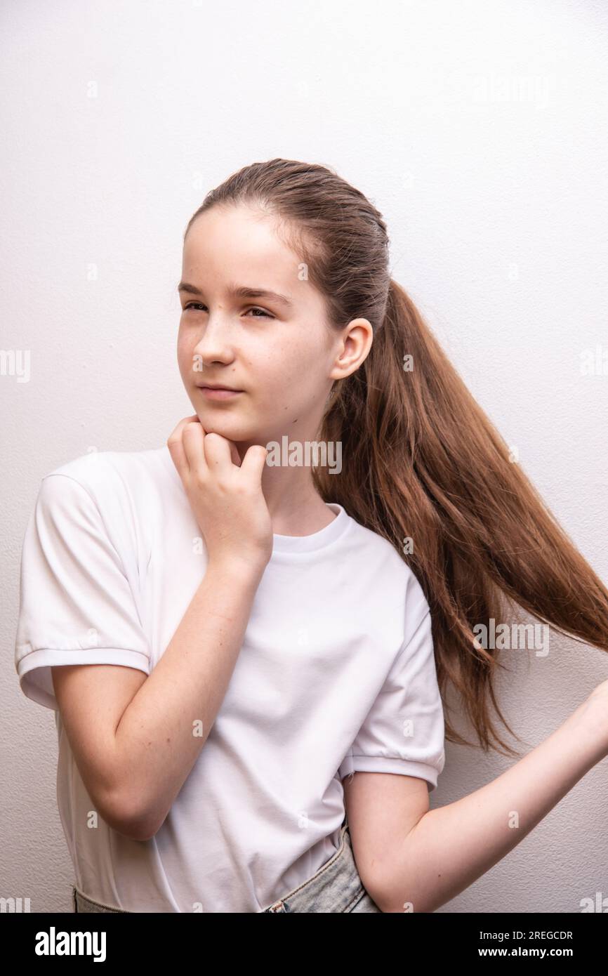 Remove Birthmarks On Surface Face Girl Touching Thick Healthy Hair Look Away Wearing White T