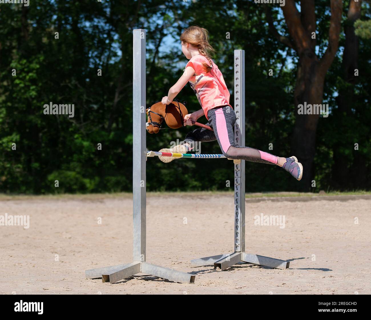 Girl jumping on hobby horse. Champion. Horse sport. Summer light. Green ...