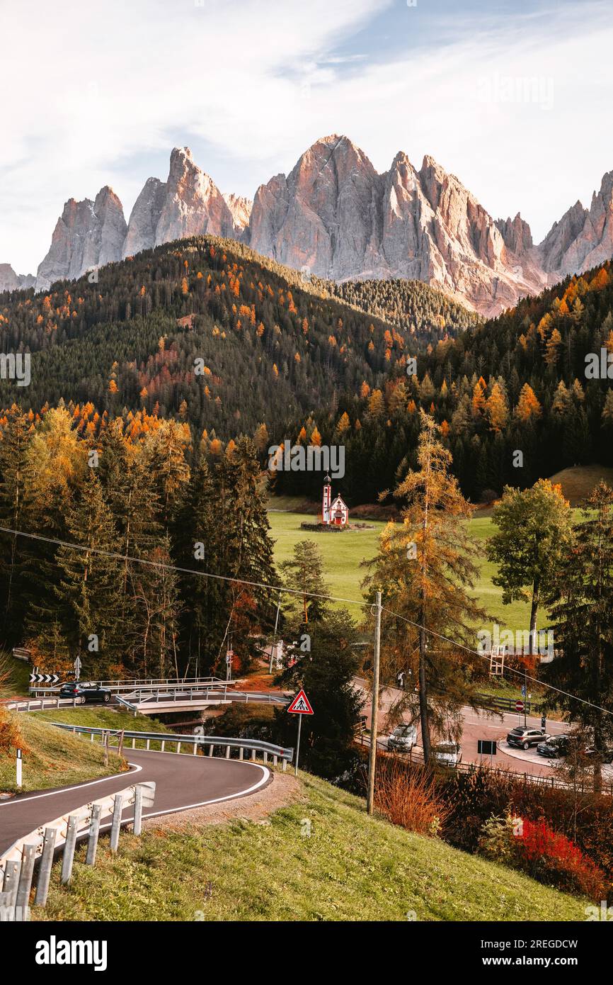 Road leading to Chiesetta di San Giovanni Church in Ranui Dolomites ...