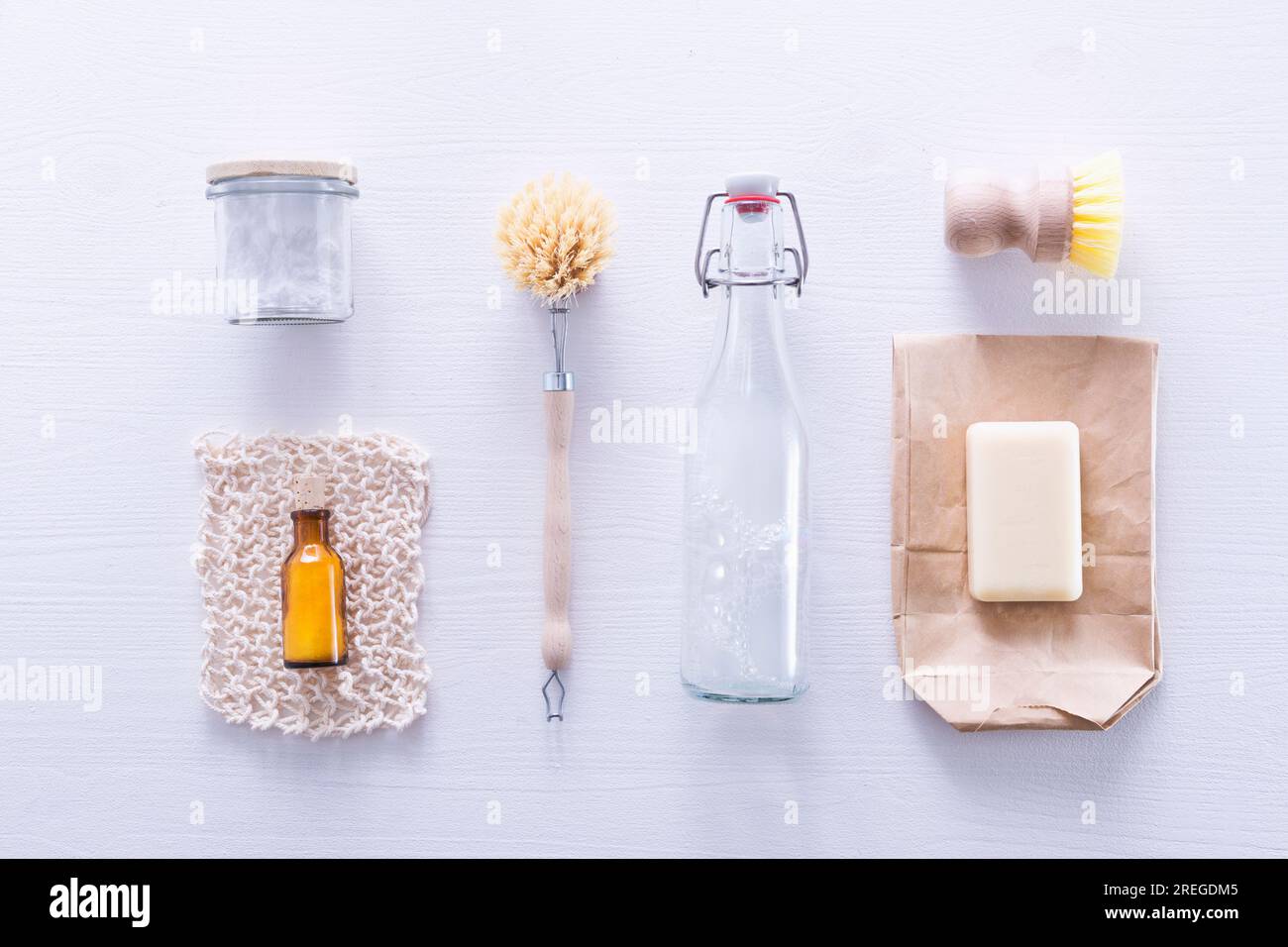 Ecologically friendly brushes, cleaning rags, soap and baking soda ...