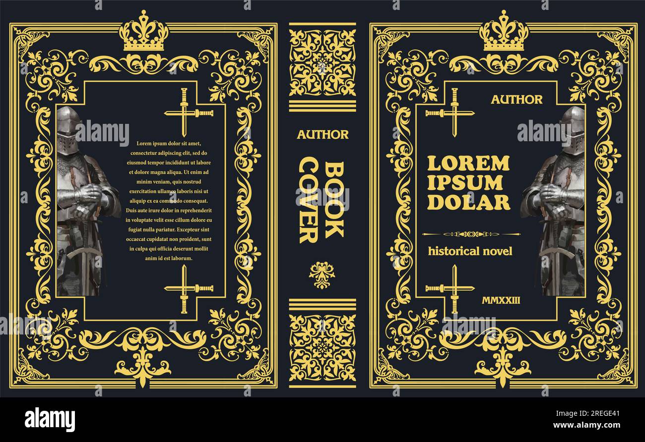 Cover book for medieval novel. Old retro ornament frames. Royal Golden ...