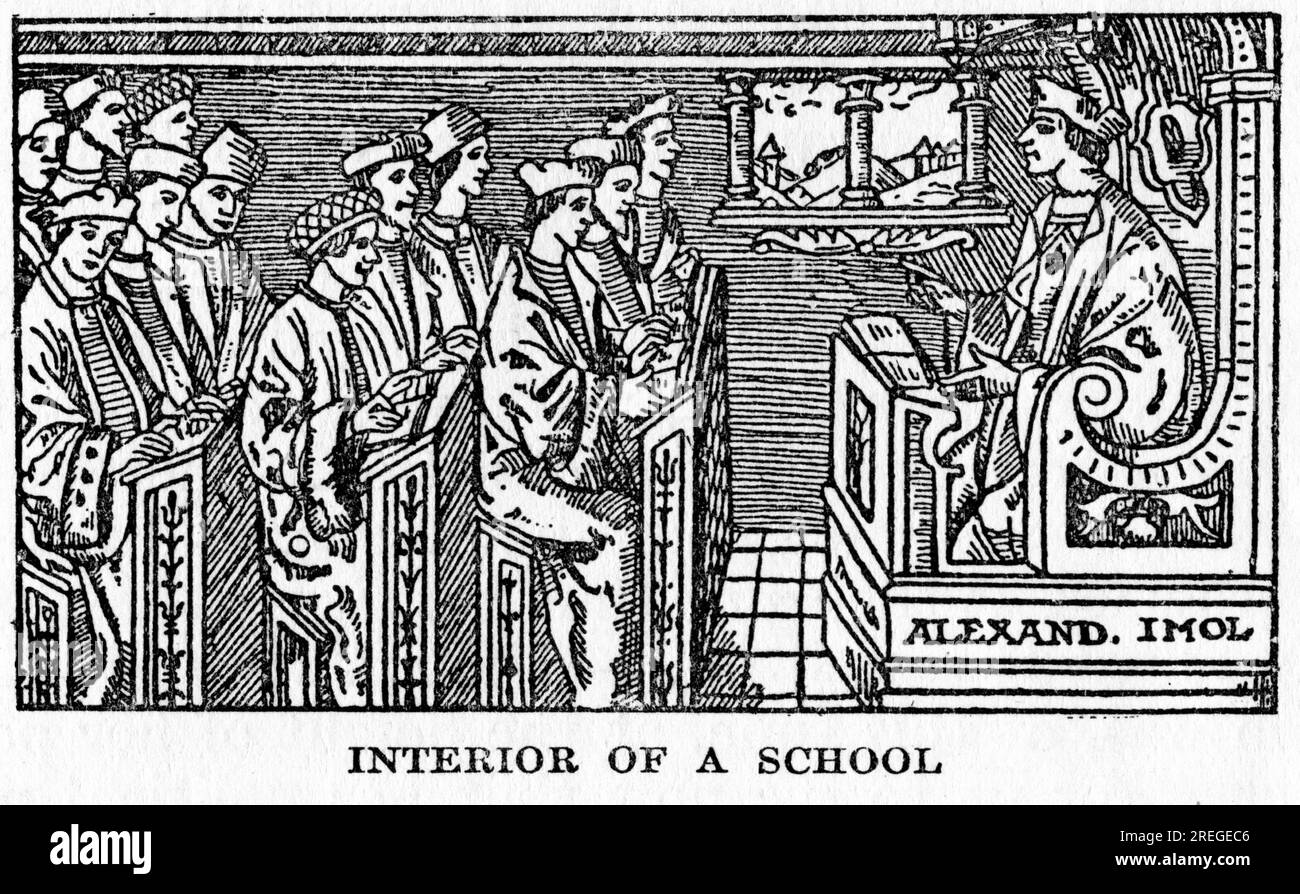Engraving of a medieval school in the 13th century Stock Photo - Alamy