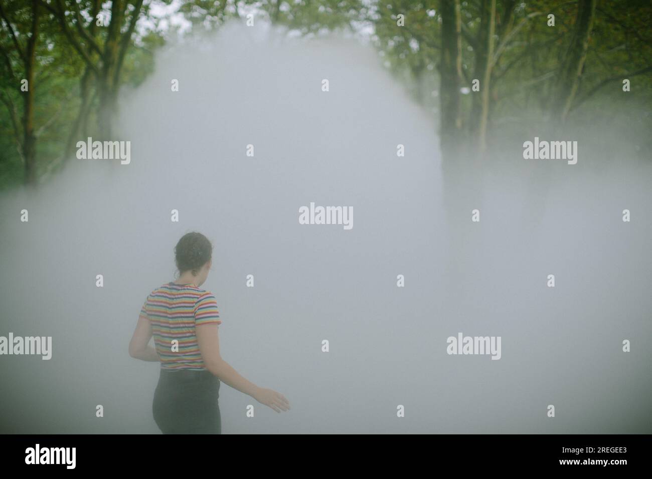 Young woman walking away through fog in a park Stock Photo - Alamy