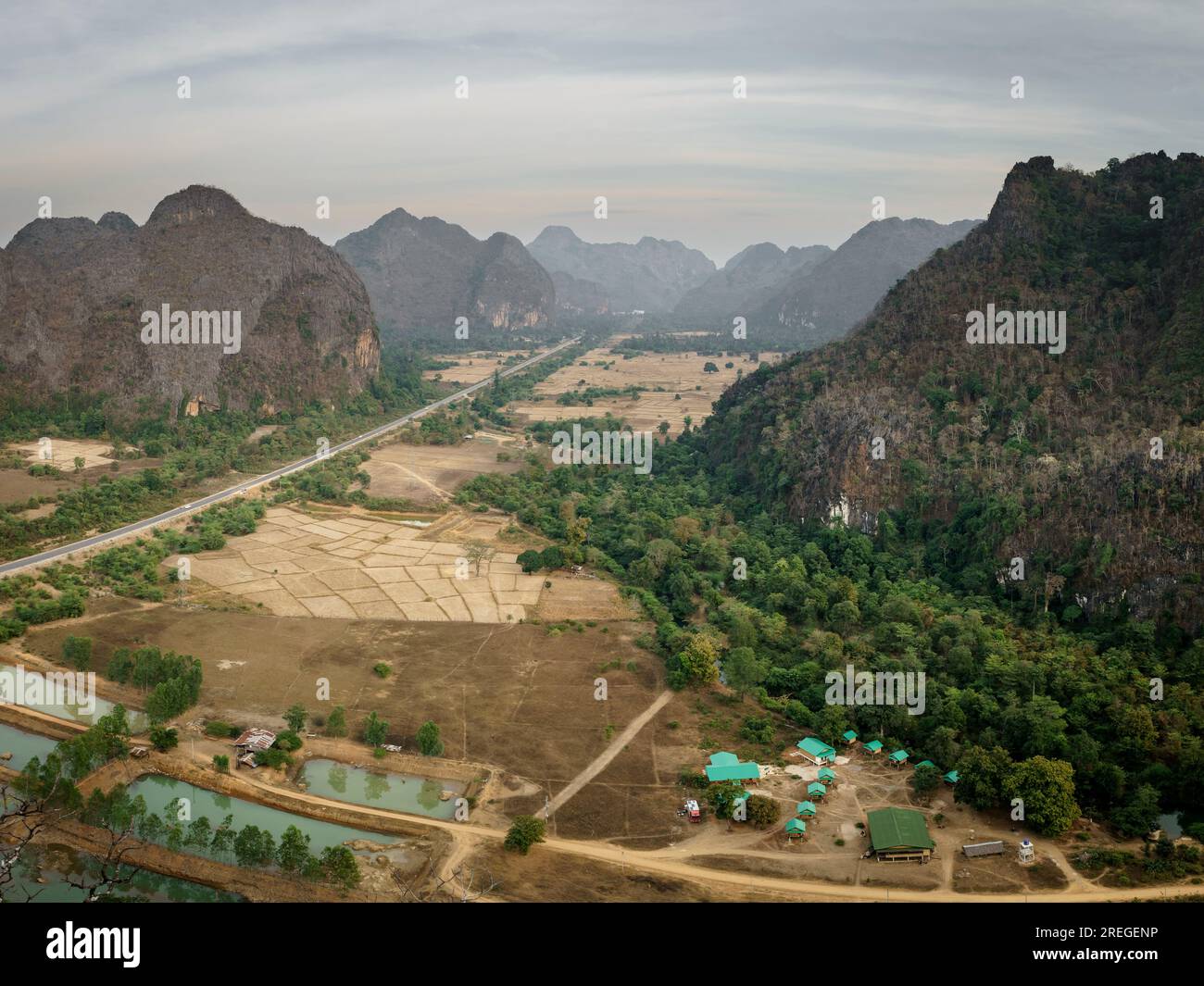High angle landscape of rural Asia with road through mountains Stock ...