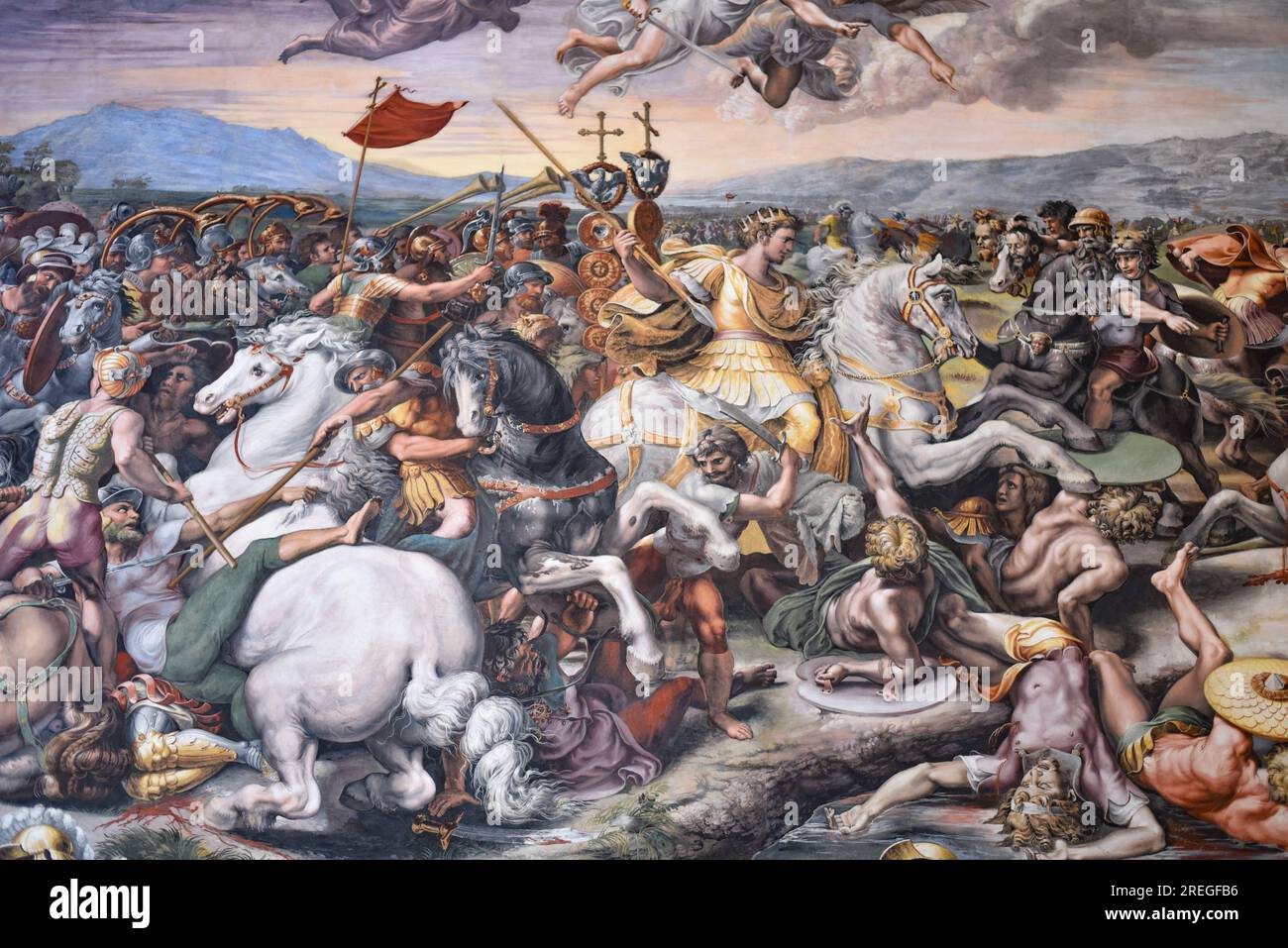 Rome, Italy - 26 Nov, 2022: Detail from The Battle of Milvian Bridge 1517-1524 painted by Giulio ...