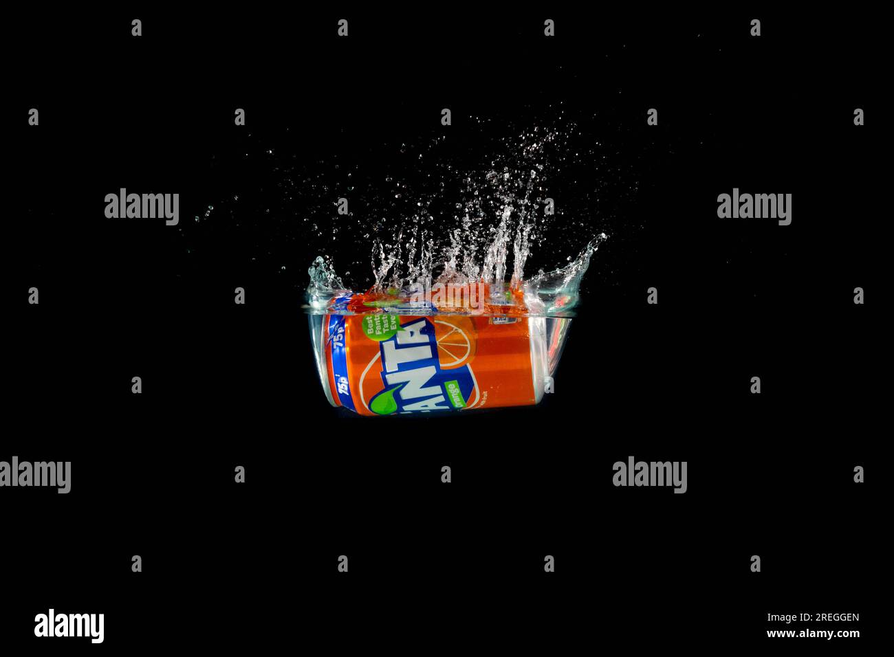London, United Kingdom, 24th July 2023: A Can of Fanta Orange splashing ...
