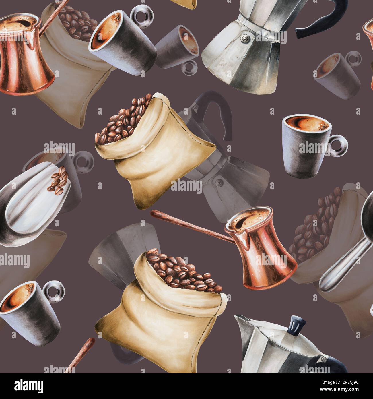 Watercolor seamless pattern with coffee making tools. Latte, espresso ...