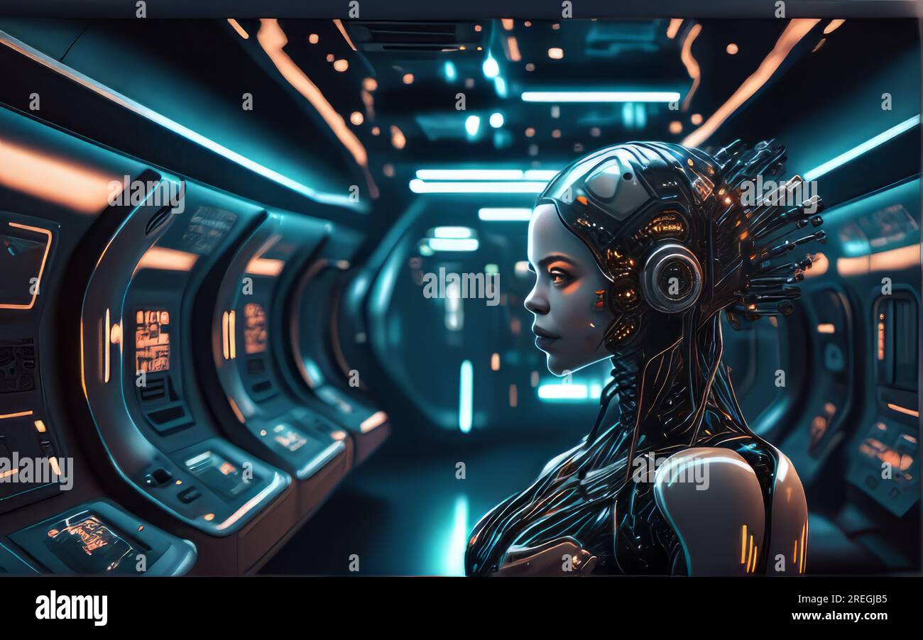 a ai generated cyborg on a spaceship Stock Photo - Alamy