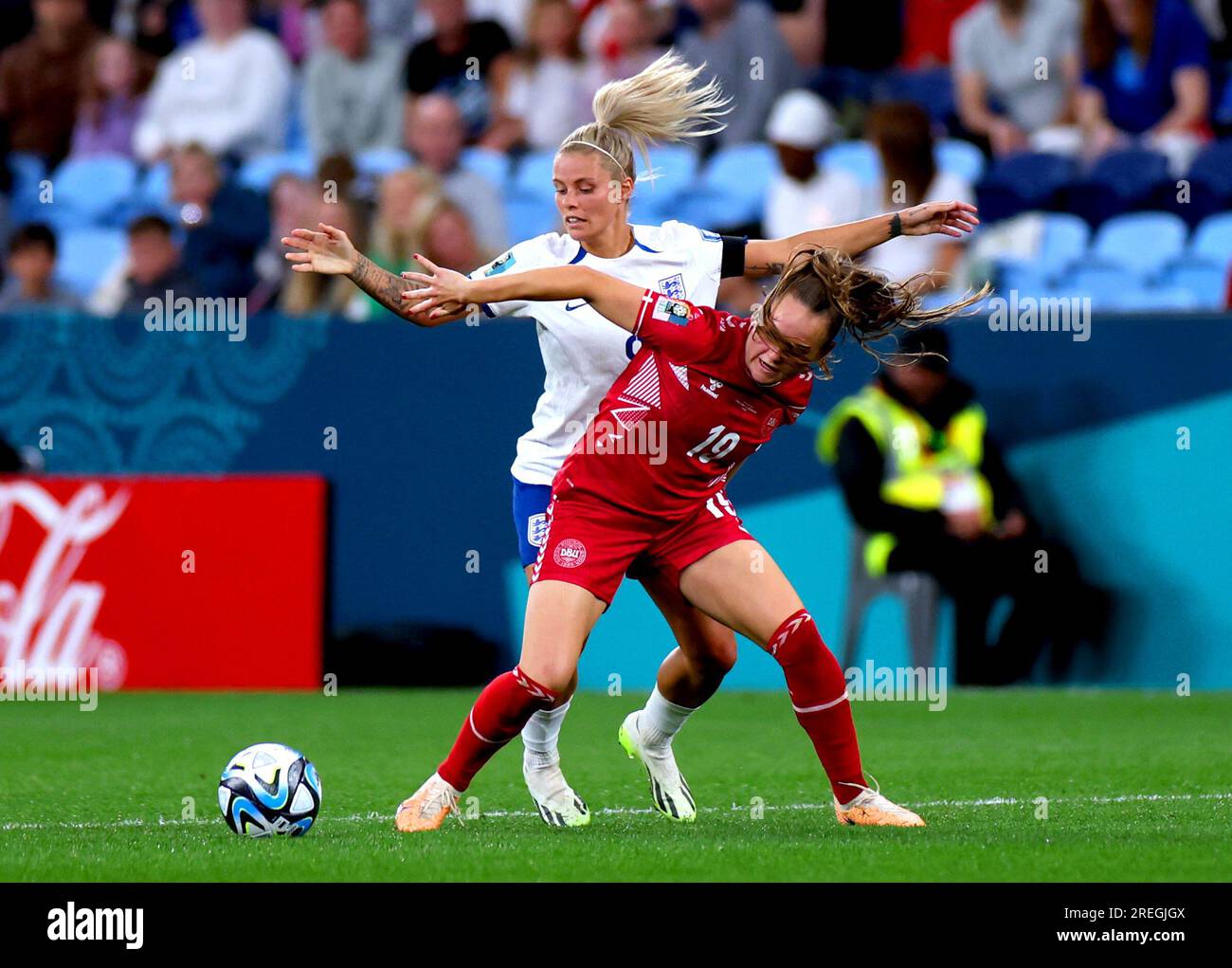 Denmark's Janni Thomsen and England's Rachel Daly battle for the ball ...