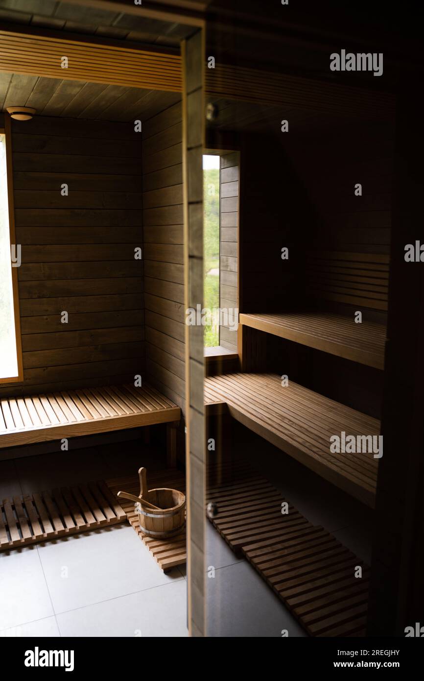 Interior of Finnish sauna, classic wooden sauna with hot steam. Large ...