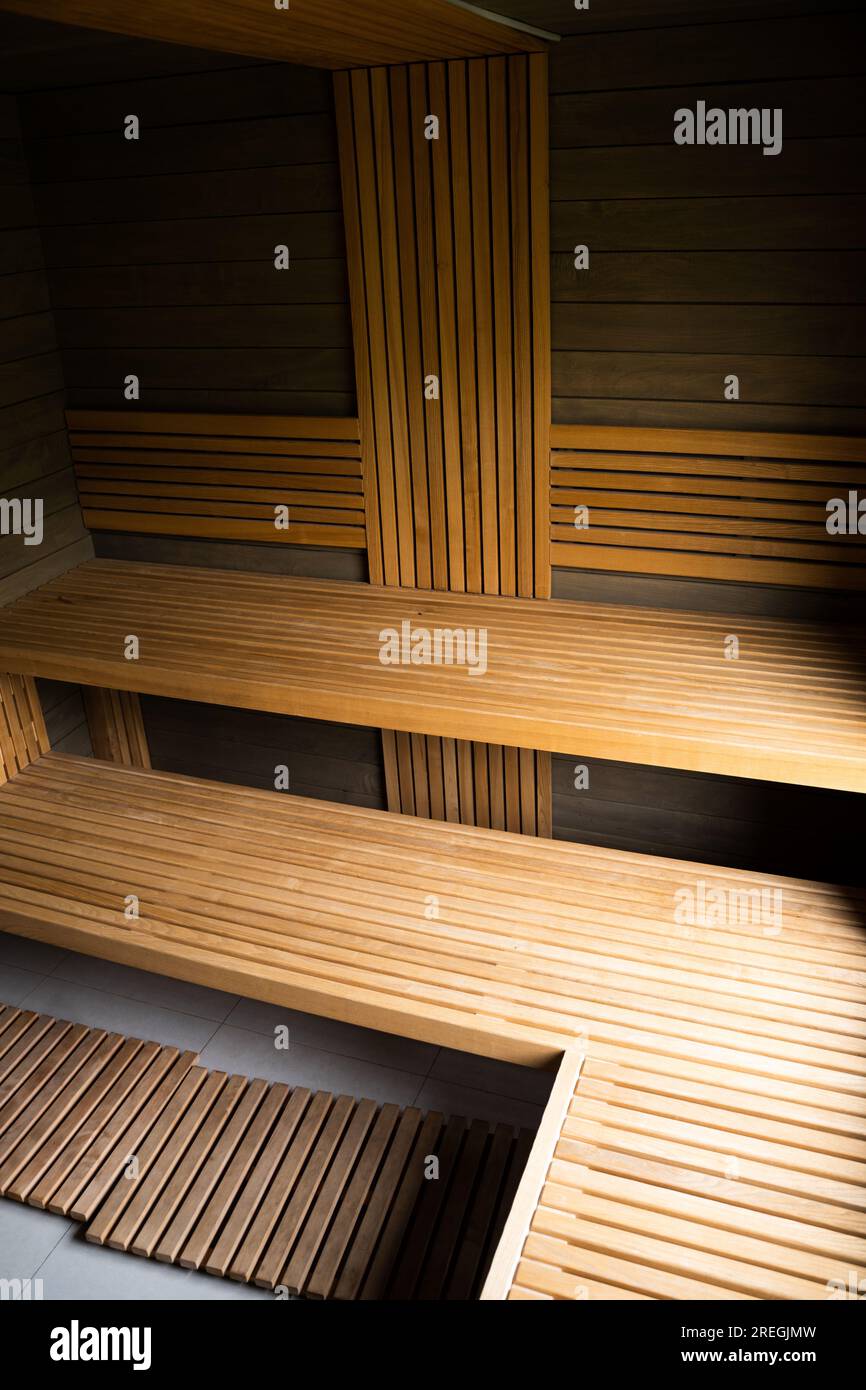 Interior of Finnish sauna, classic wooden sauna with hot steam. Wooden ...