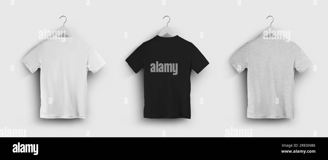 Mockup of white, black, heather t-shirt, children's clothes on hanger ...