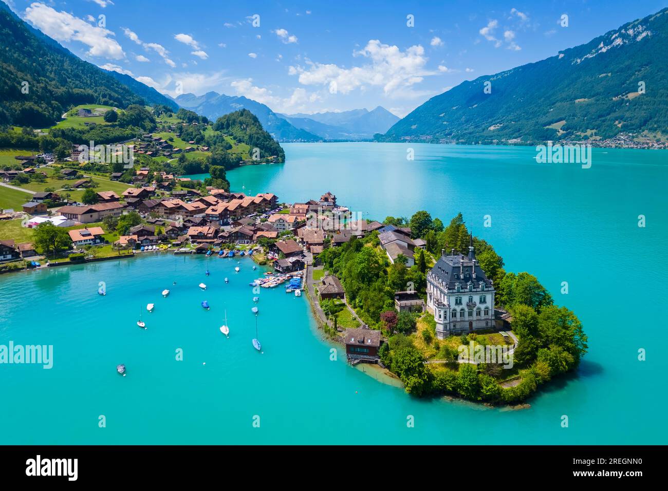Aerial view of the village of Iseltwald on Lake Brienz. Iseltwald, Lake ...