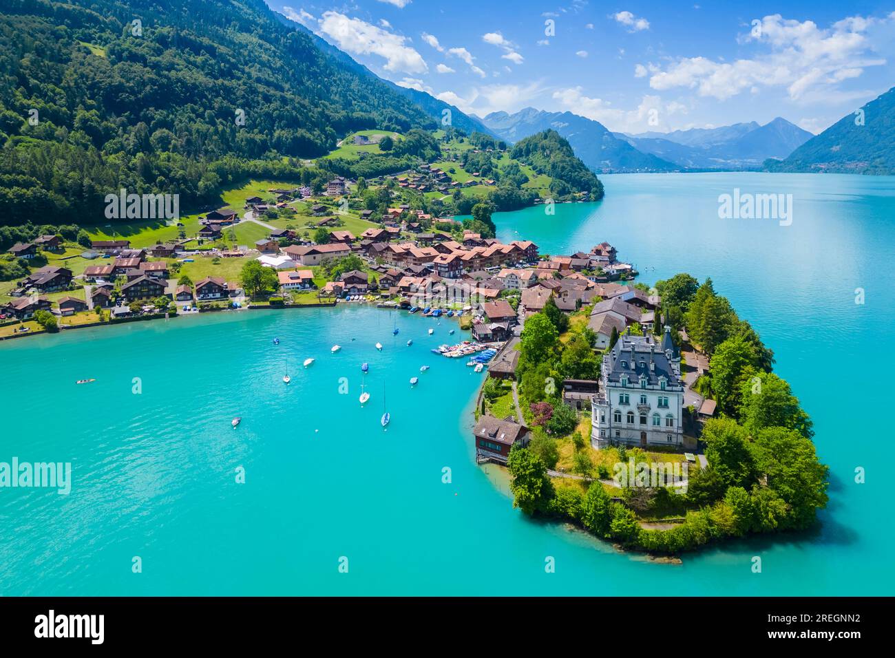 Aerial view of the village of Iseltwald on Lake Brienz. Iseltwald, Lake ...