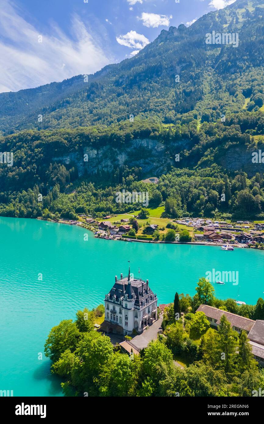 Aerial view of the village of Iseltwald on Lake Brienz. Iseltwald, Lake ...