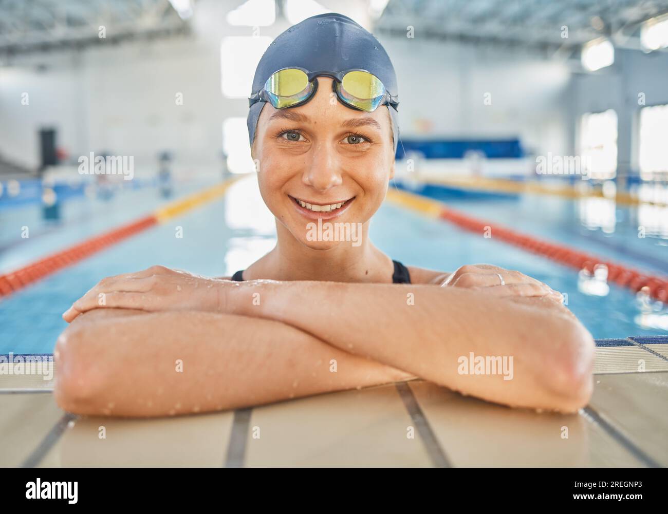 Woman, water, and portrait in swimming pool for competition, training ...
