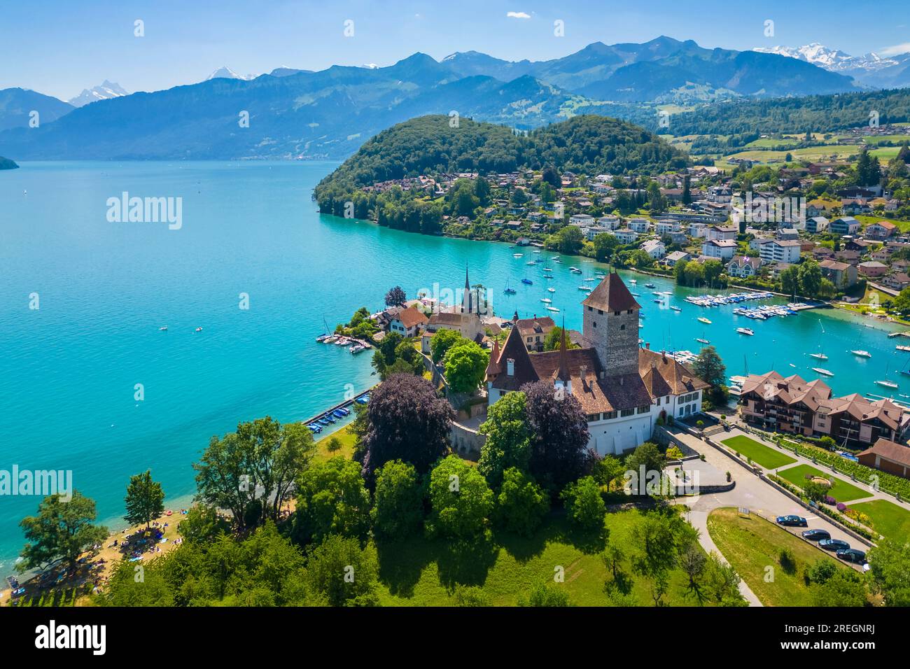 Aerial view of Spiez Castle and lake Thun in summer. Bernese Oberland ...